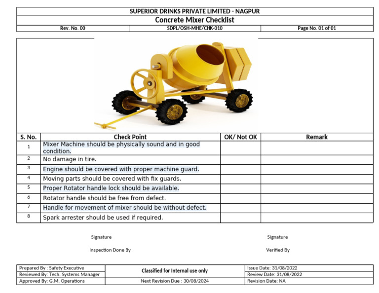 Concrete Mixer Checklist | PDF