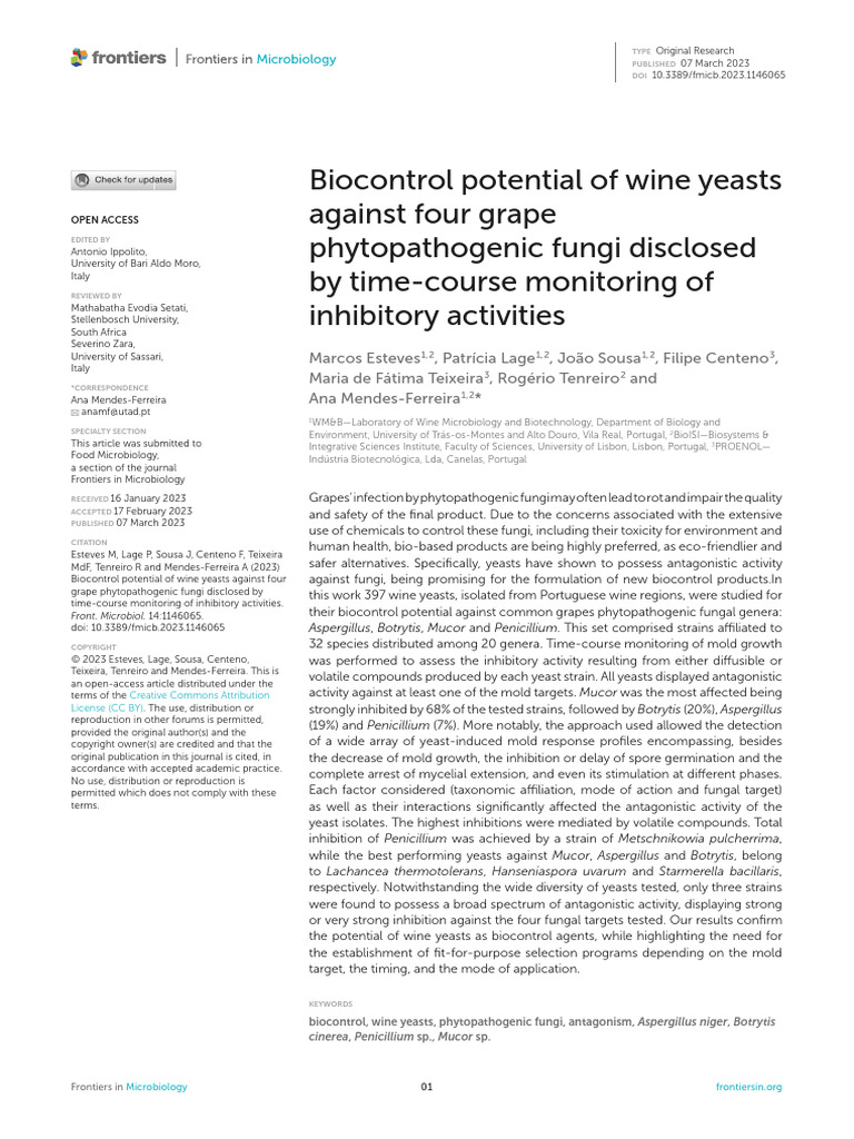 Biocontrol Potential of Wine Yeasts Agai | PDF | Fungus | Yeast
