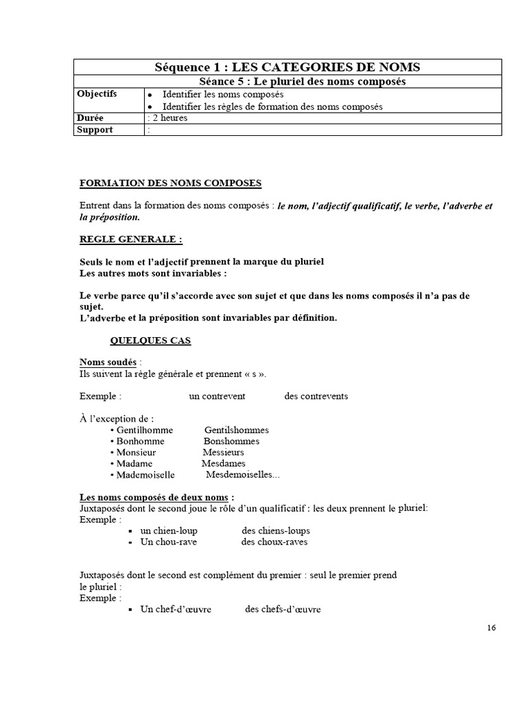 Pluriel des Noms Composés : Règles et Exercices | PDF | Linguistique ...