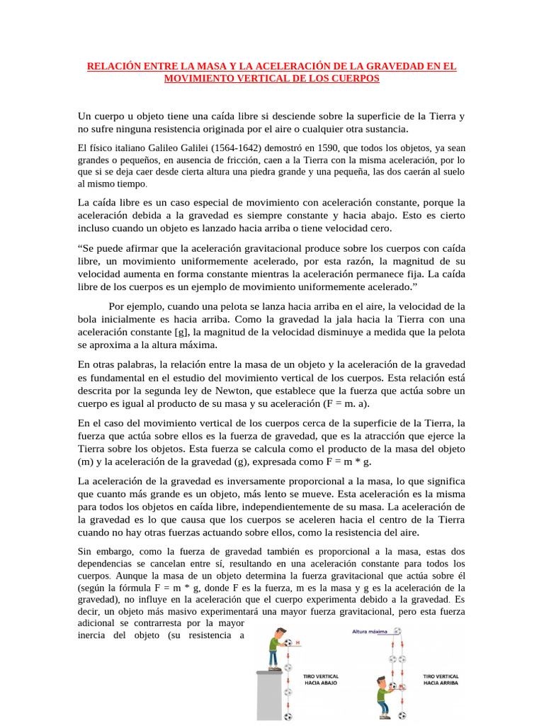 Relación Entre La Masa y La Aceleración de La Gravedad en El Movimiento ...
