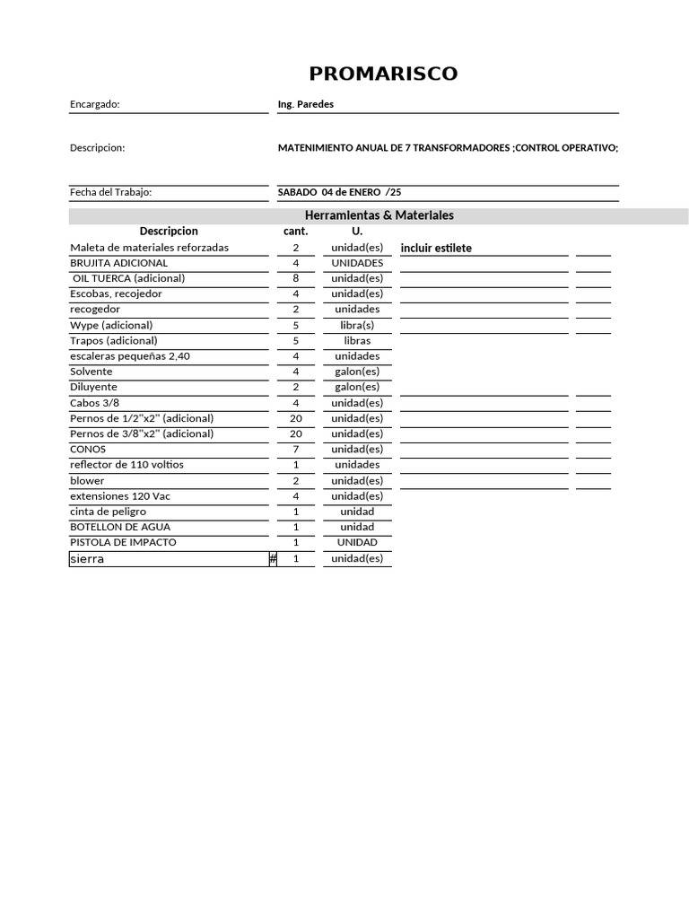 Lista de Herramientas para Promarisco Mantenimiento Transformadores | PDF