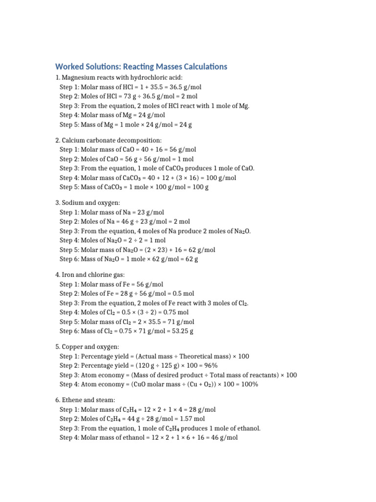 Reacting Masses Solutions | PDF | Mole (Unit) | Magnesium
