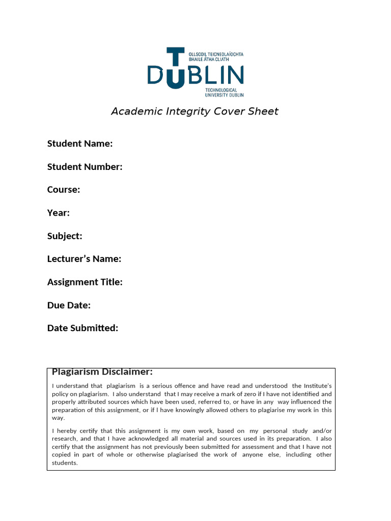 CA Academic Integrity Cover Sheet | PDF