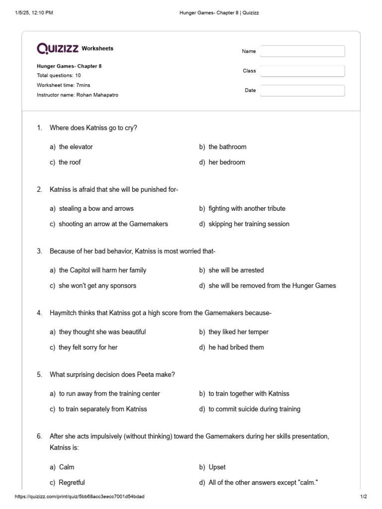 Hunger Games - Chapter 8 - Quizizz | PDF | The Hunger Games