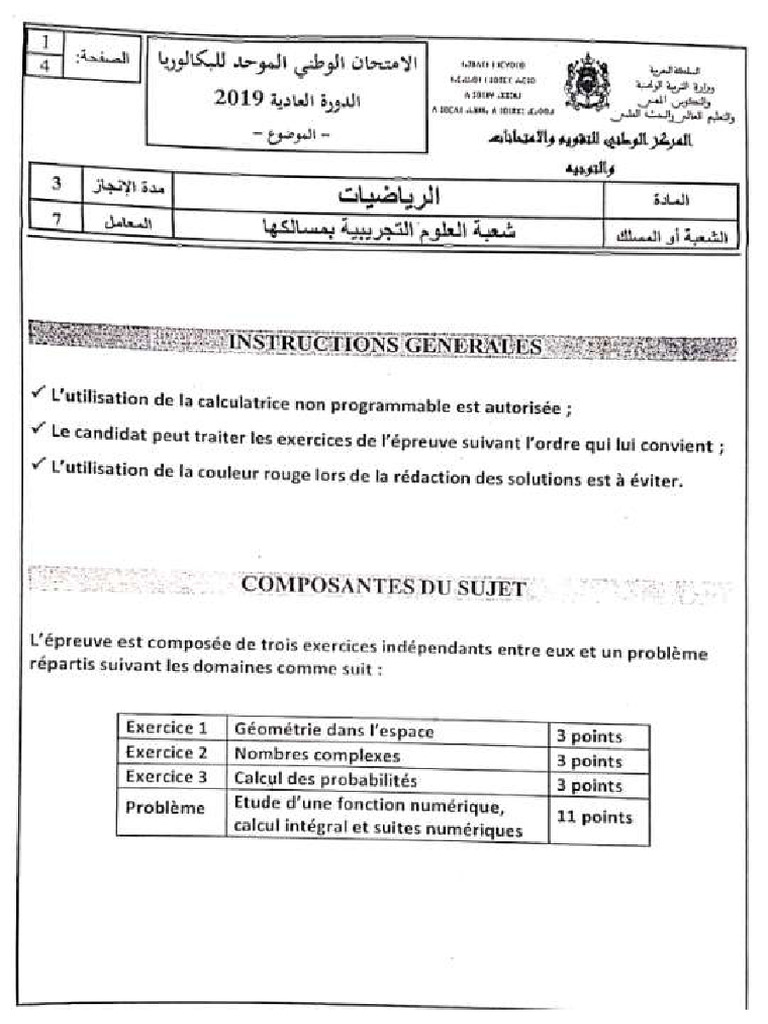 E Sujet de Lexamen National Bac Maroc 2019 Math Sciences Experimentales ...