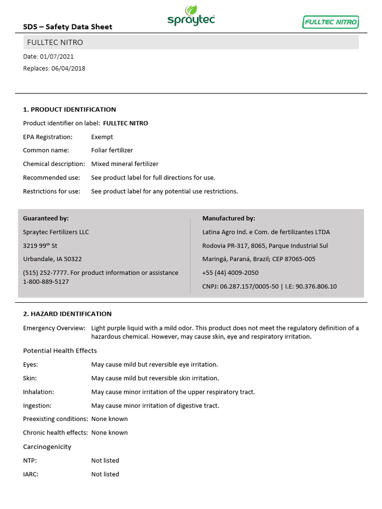 Fulltec Nitro Safety Data Sheet | PDF | Dangerous Goods | Toxicity