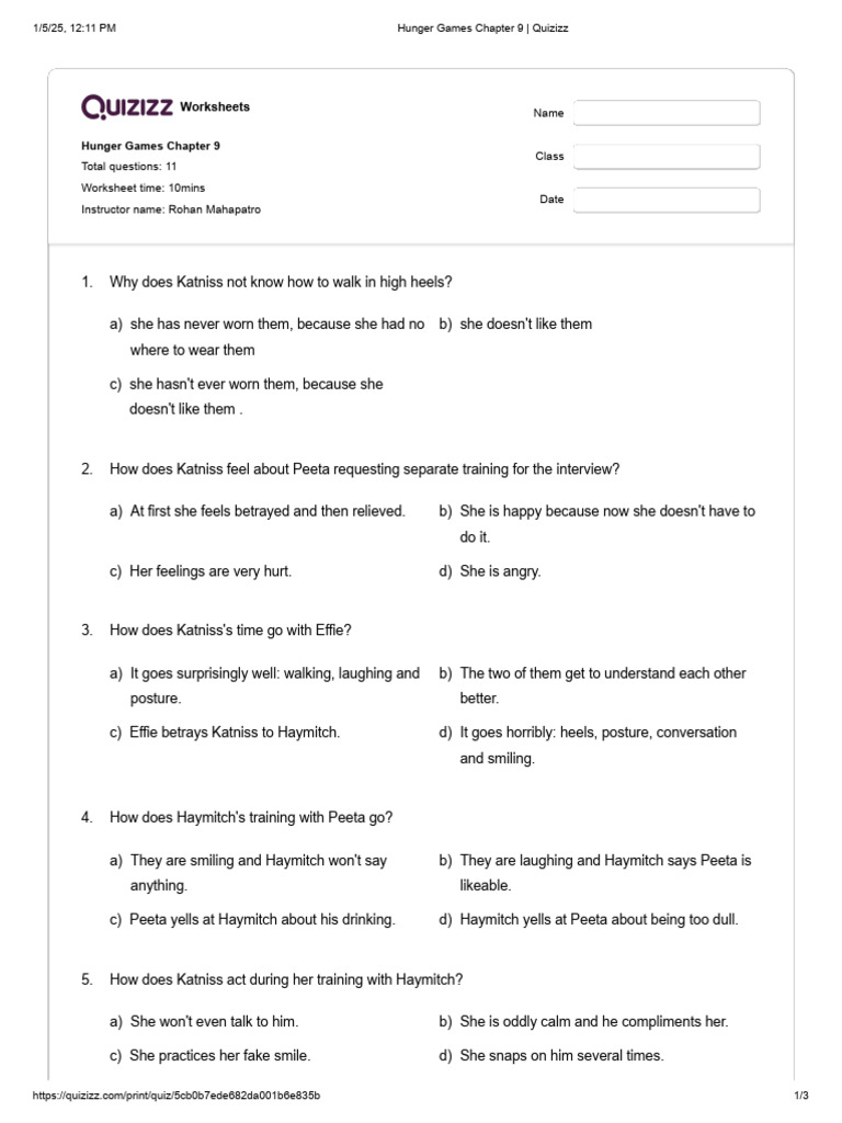 Hunger Games Chapter 9 - Quizizz | PDF