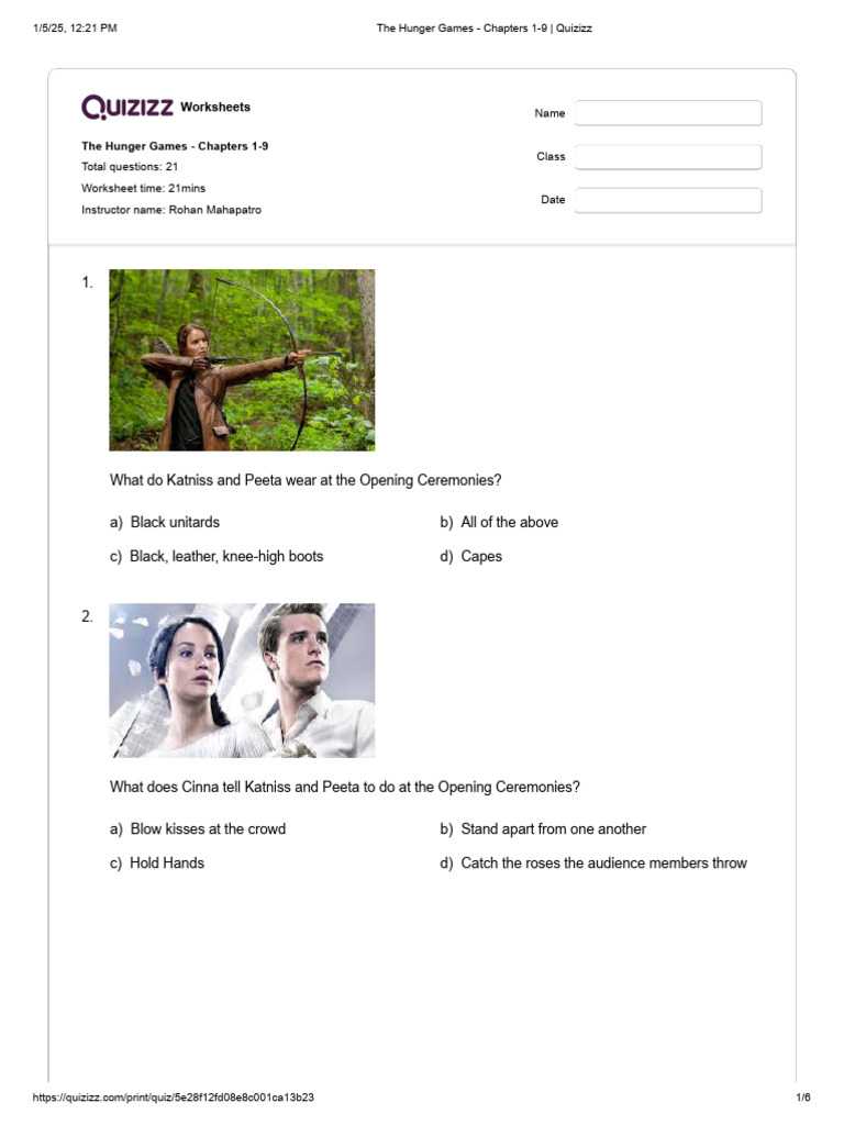 The Hunger Games - Chapters 1-9 _ Quizizz | PDF | The Hunger Games