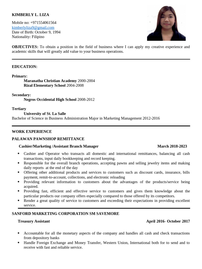 Kimberly Liza Resume 1 | PDF | Pawnbroker | Business