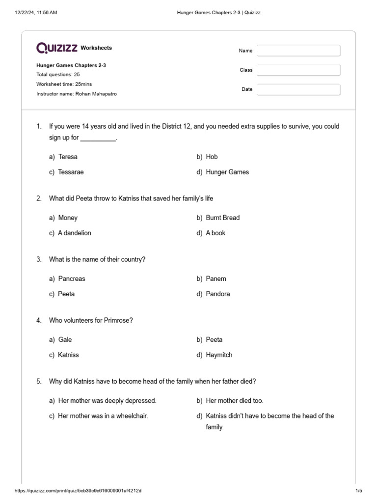 Hunger Games Chapters 2-3 - Quizizz | PDF | The Hunger Games