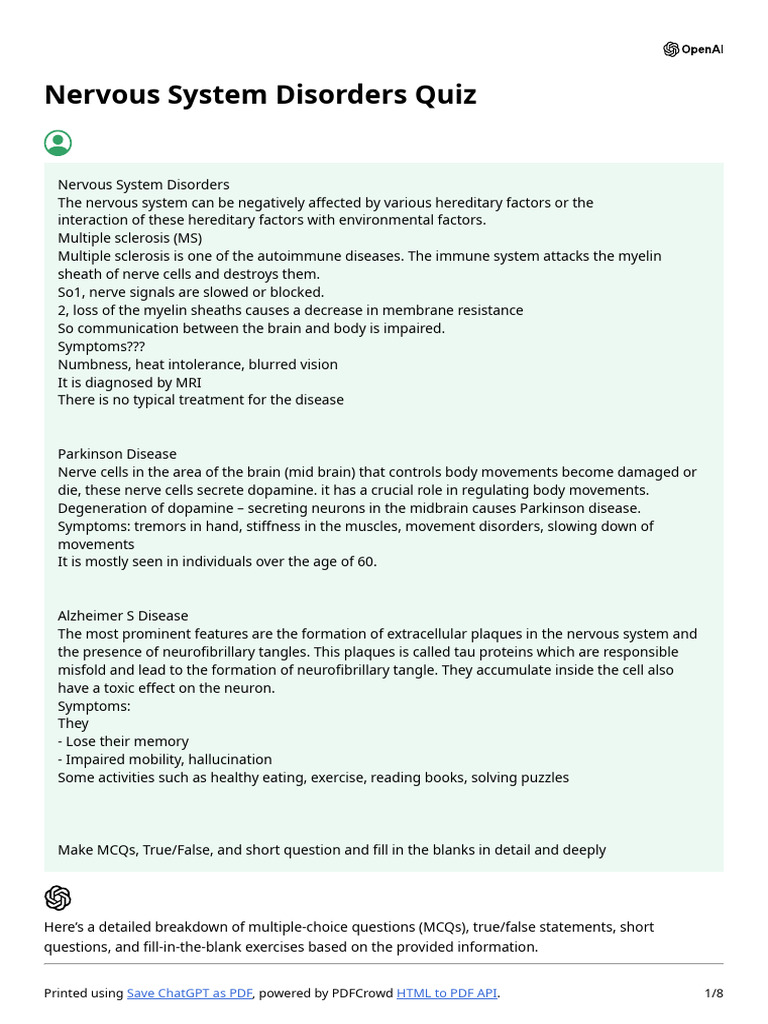 Nervous System Disorders Quiz | PDF | Alzheimer's Disease | Parkinson's ...