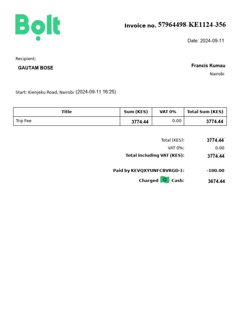 Ride Invoice From Bolt (Gautam Bose 11-09-2024, To Airport) | PDF | Taxes | Government Finances