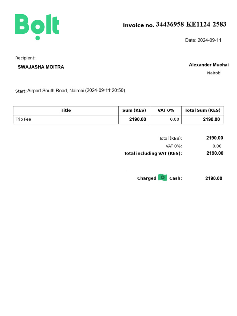 Ride Invoice From Bolt (Swajasha 11-09-2024. To Hotel) | PDF | Taxes ...