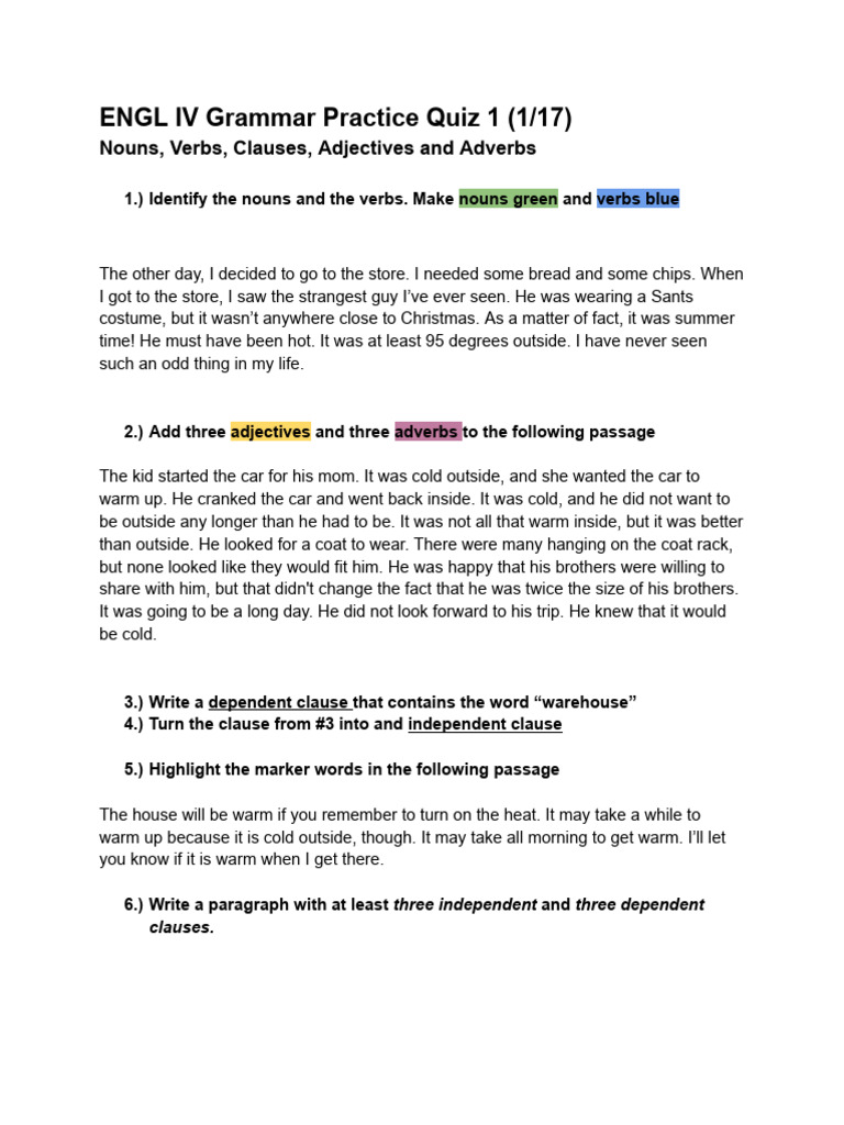 ENGL IV Grammar Practice Quiz 1_ 1_17 | PDF