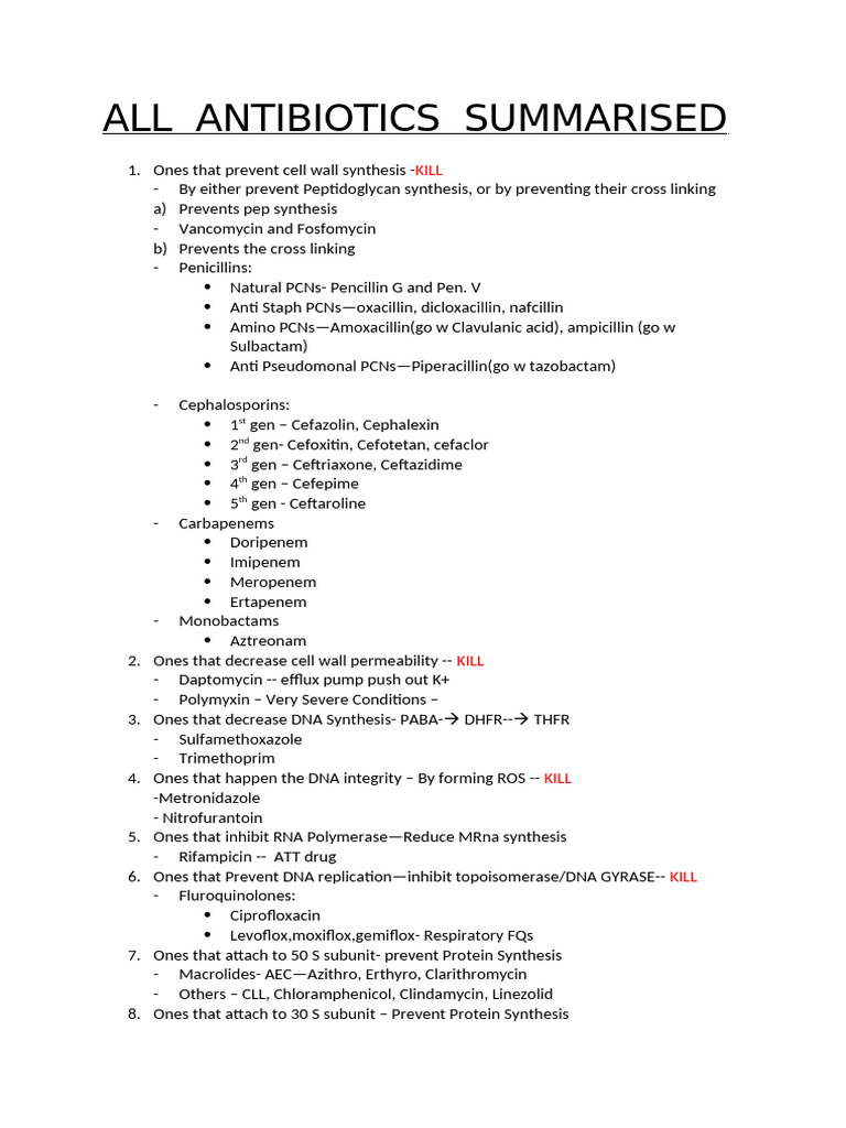 All Antibiotics Summarised | PDF | Penicillin | Antibiotics