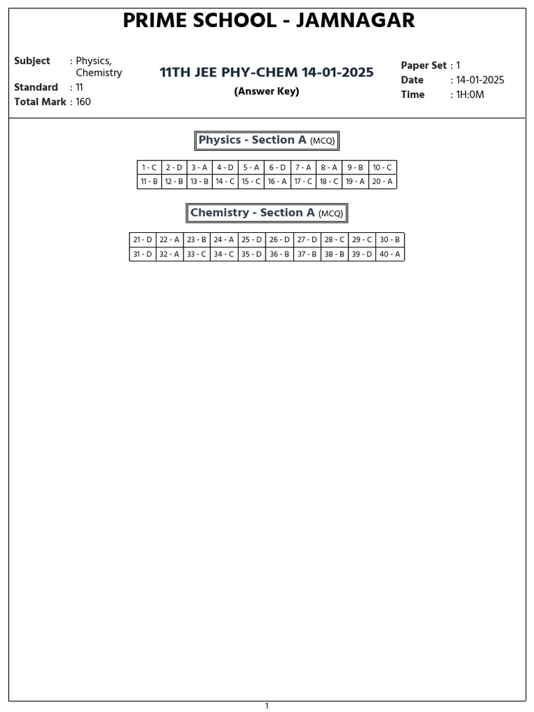 Ans Key 11TH - Jee - Phy-Chem - 14-01-2025 | PDF