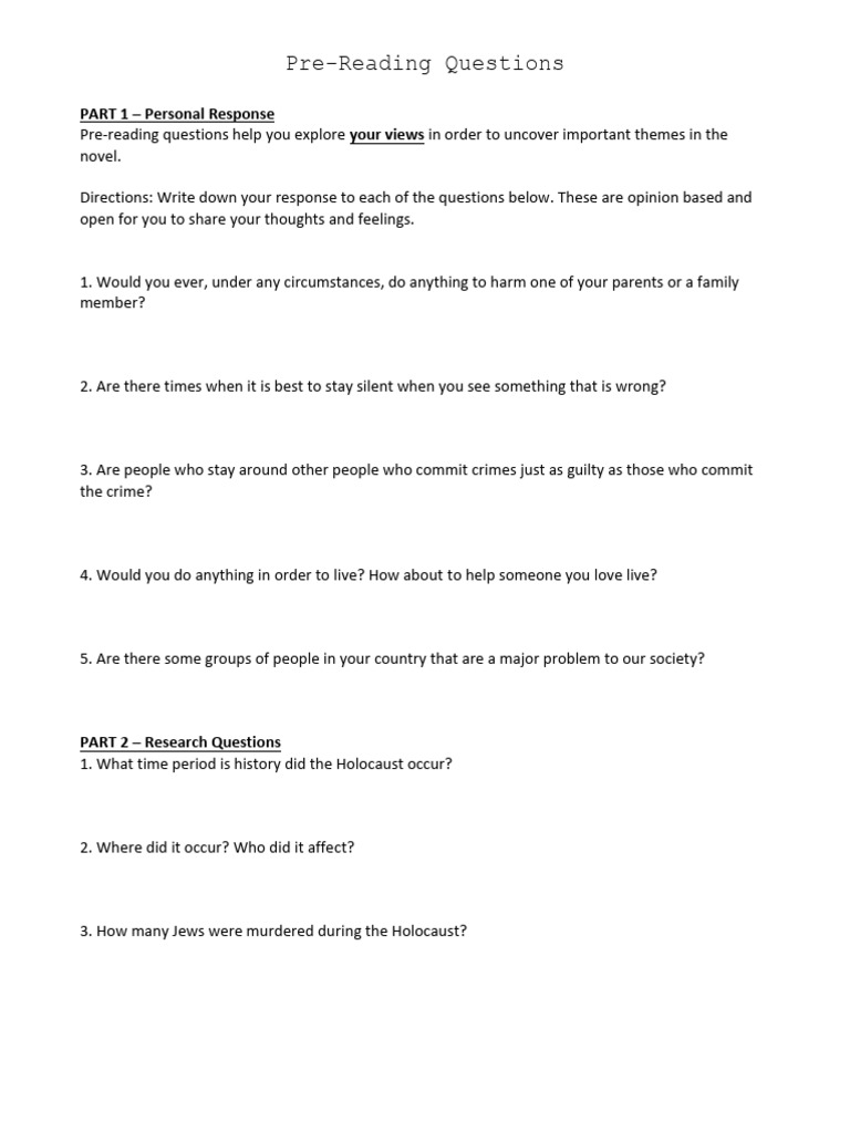 Kami Export - NIGHT - Pre-Reading - Questions | PDF