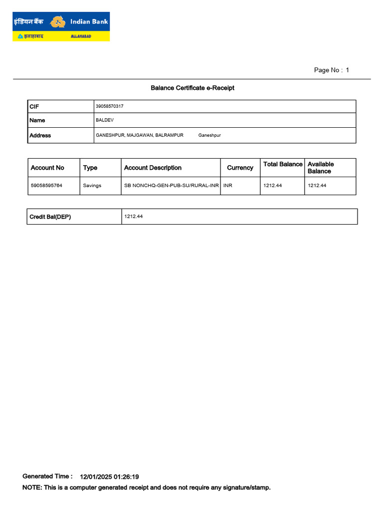 Savings Account Balance Receipt | PDF
