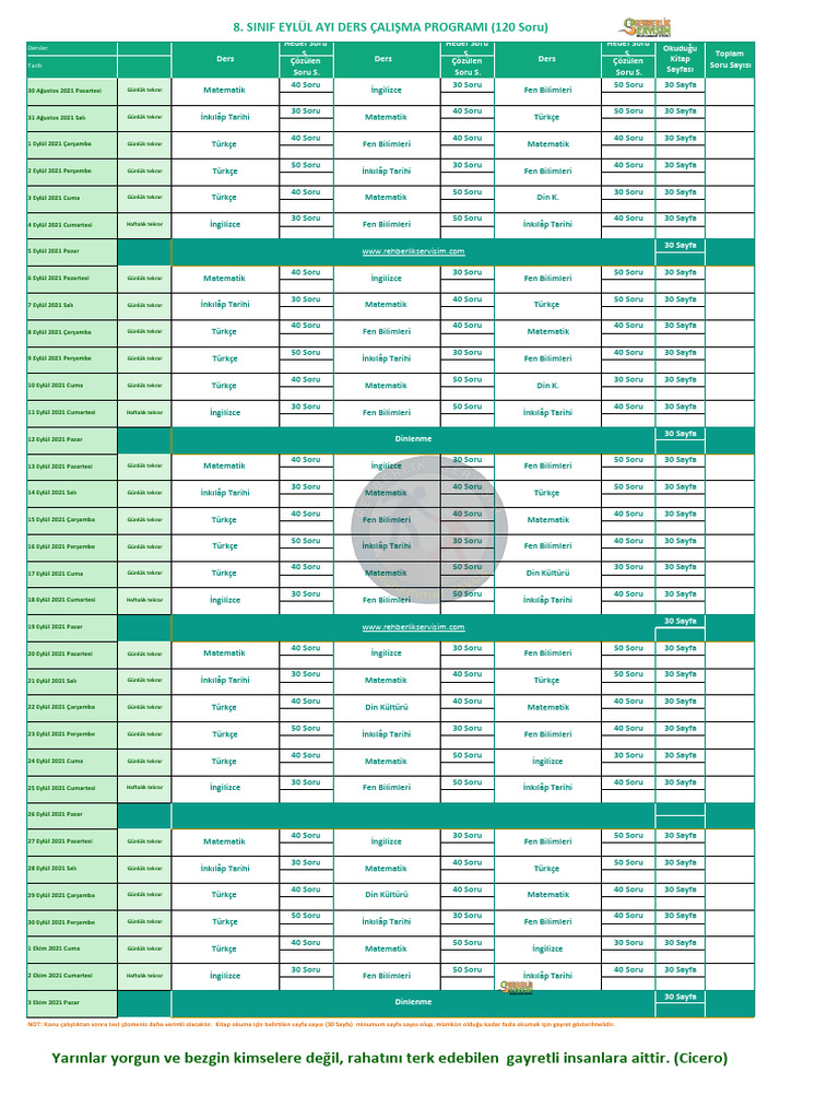 Eylul Ayi Des Calisma Programi 120 Soru | PDF