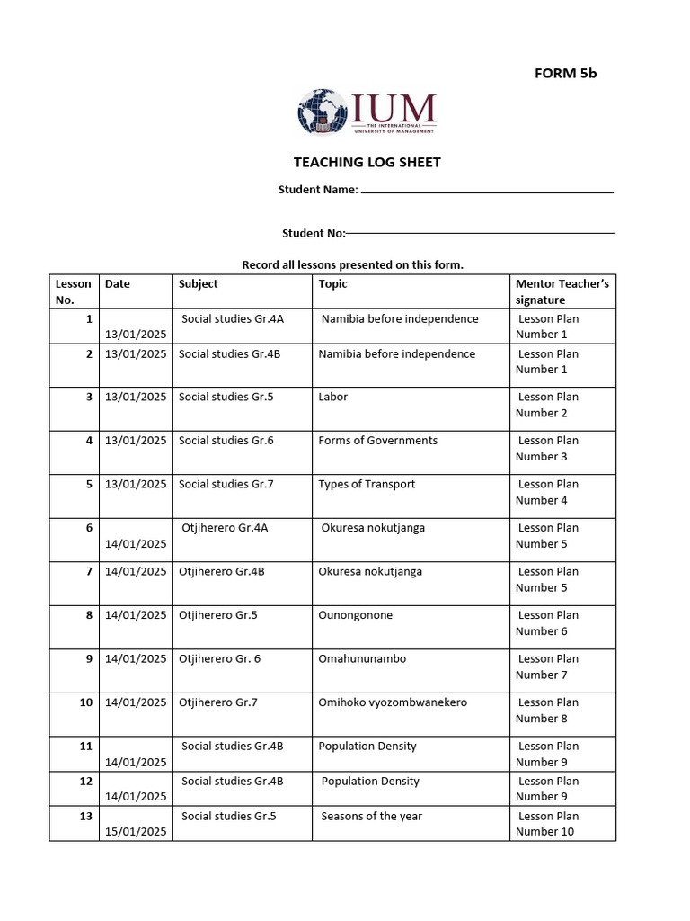 Teaching Log Sheet for Namibia Curriculum | PDF | Lesson Plan ...