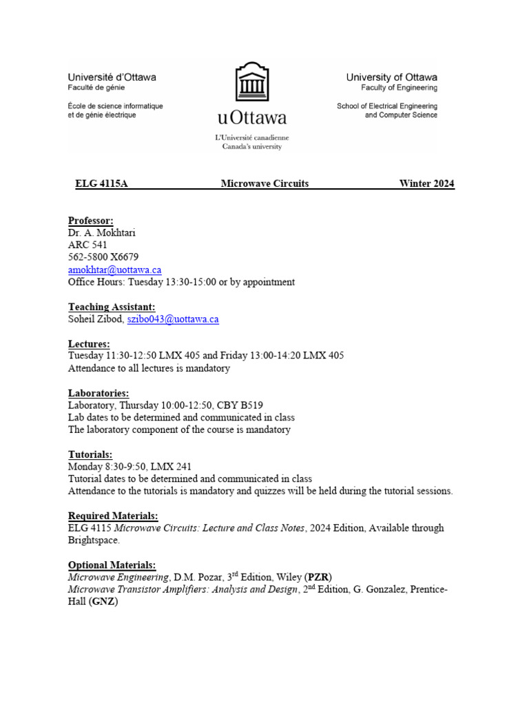 Detailed Course Syllabus ELG4115 2024 Arash Mokhtari | PDF | Electrical ...