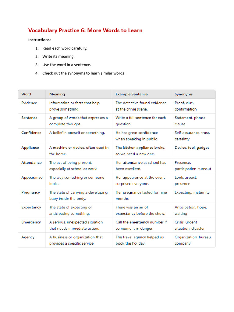 Vocabulary Practice: Word Meanings & Usage | PDF