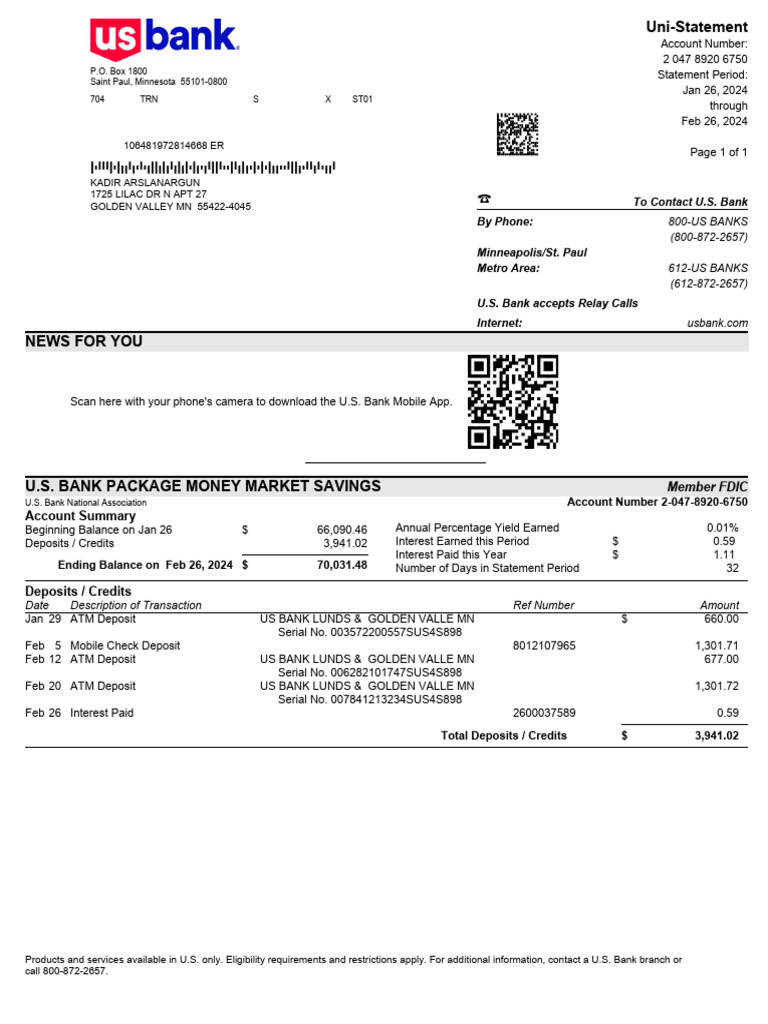 U.S. Bank Money Market Account Statement | PDF | Cheque | Banks