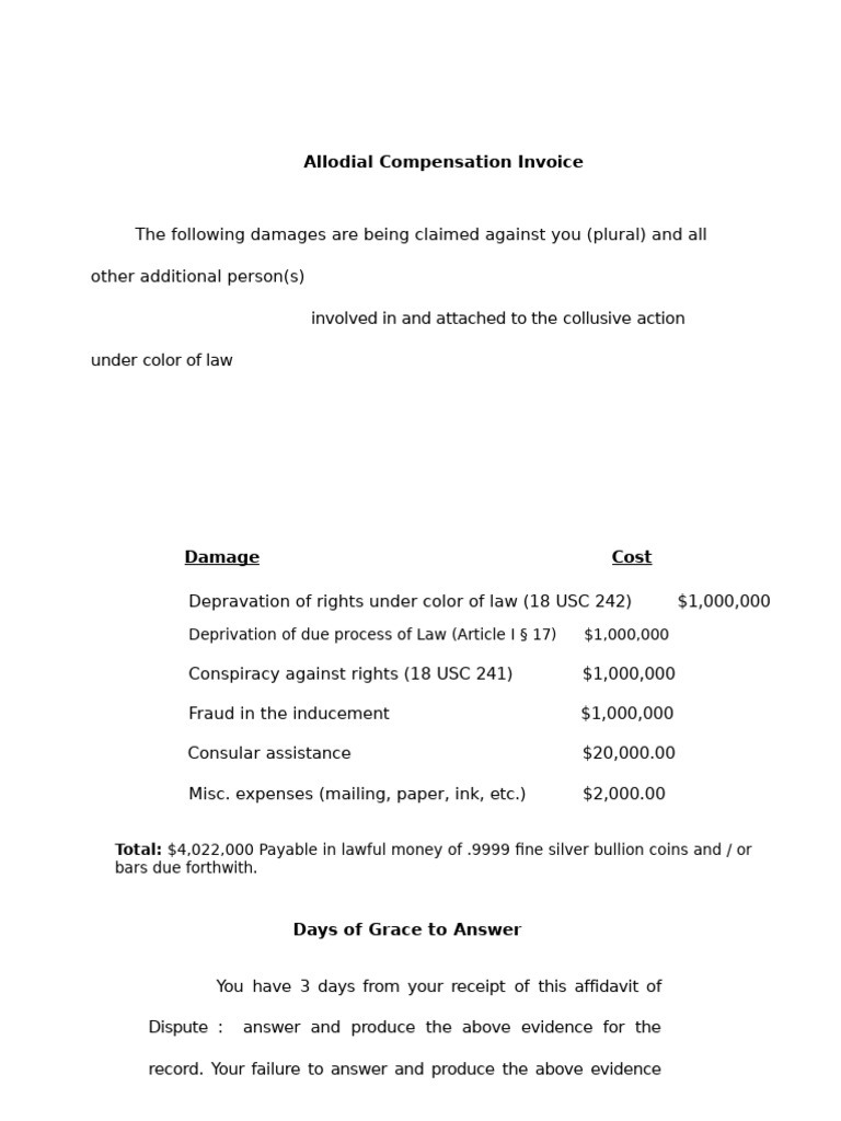 Allodial Compensation Invoice.pdf Copy | PDF | Affidavit | Burden Of ...