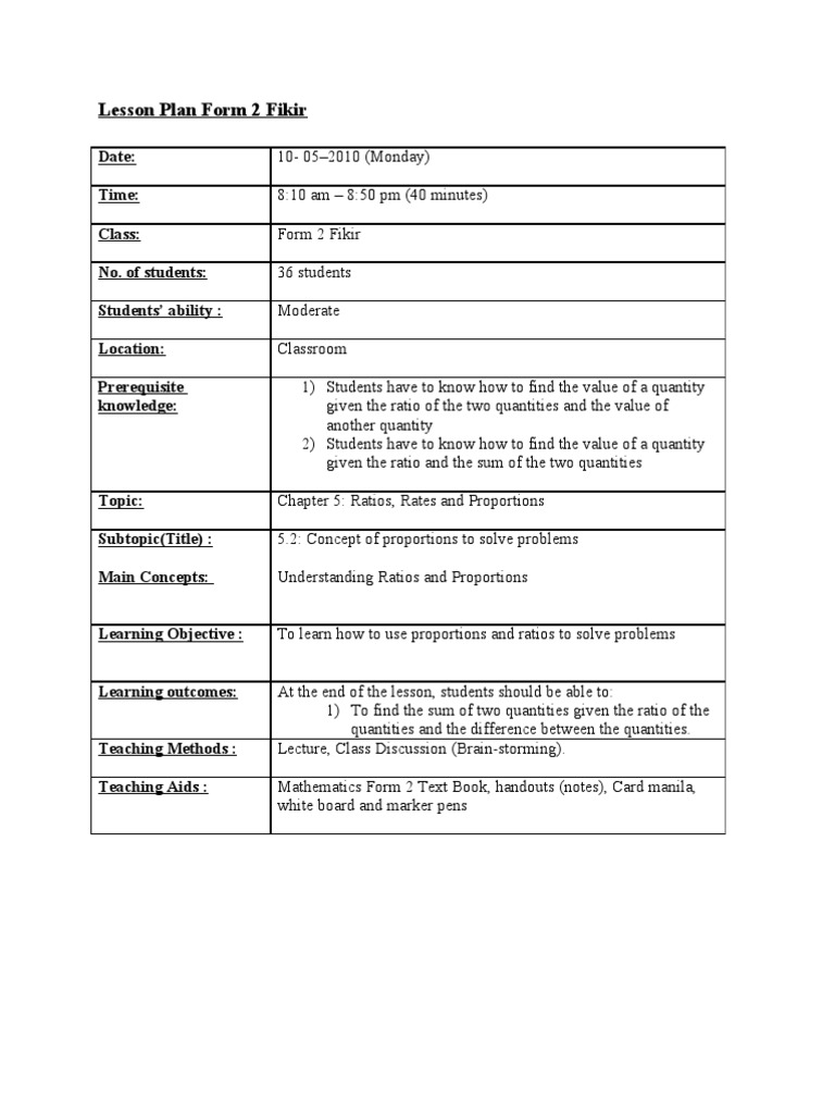 Lesson Plan Form 2 Fikir: Date: Time: Class: No. of Students: Students ...