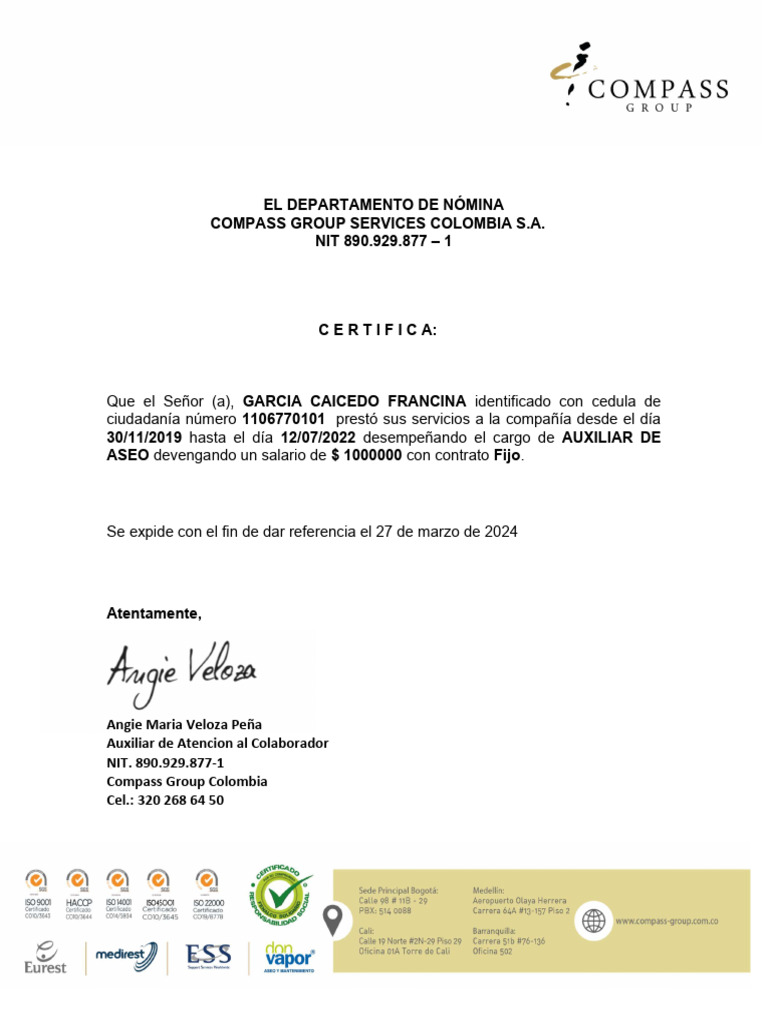 El Departamento de Nómina Compass Group Services Colombia S.A. NIT 890. ...