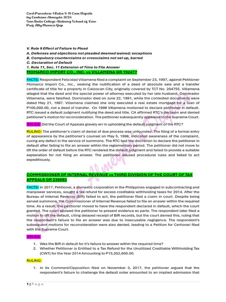 Civil Procedure Rules 9-14 Digests by Almeyda ECM | PDF | Complaint ...
