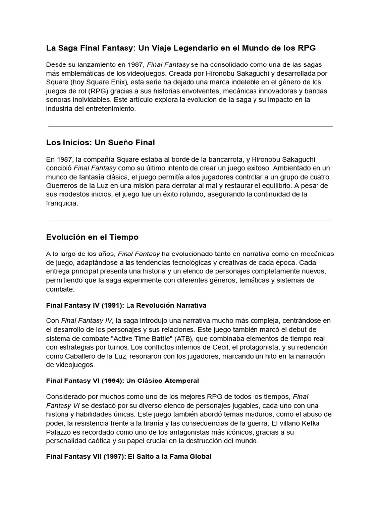 La Evolución de la Saga Final Fantasy | PDF | Fantasía Final | Square Enix