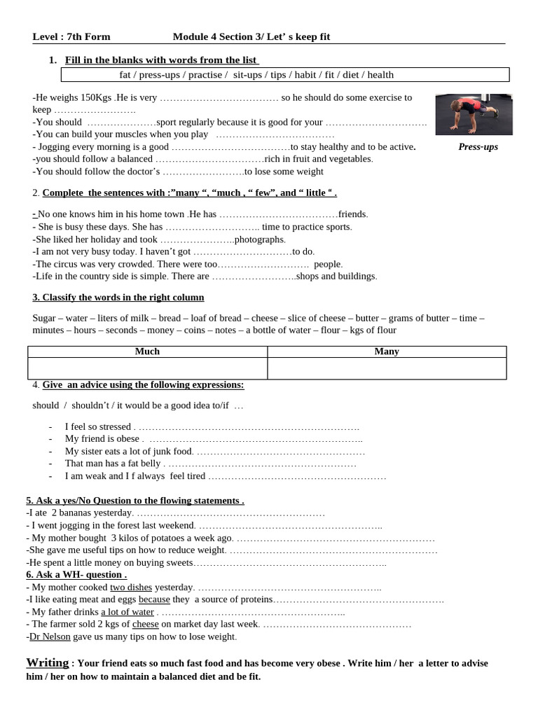 7th Form Fitness Writing Activities | PDF | Dieting | Cooking