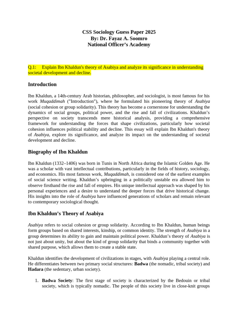 CSS Sociology Guess Paper 2025 | PDF | Division Of Labour | Society