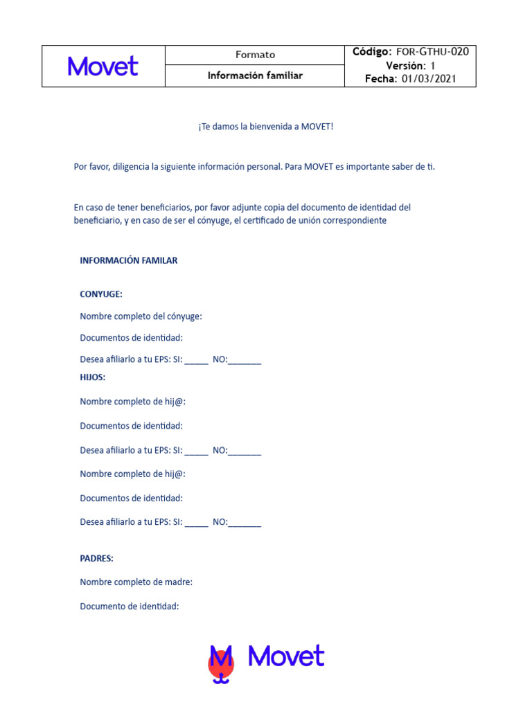 Formulario de Información Familiar MOVET | PDF