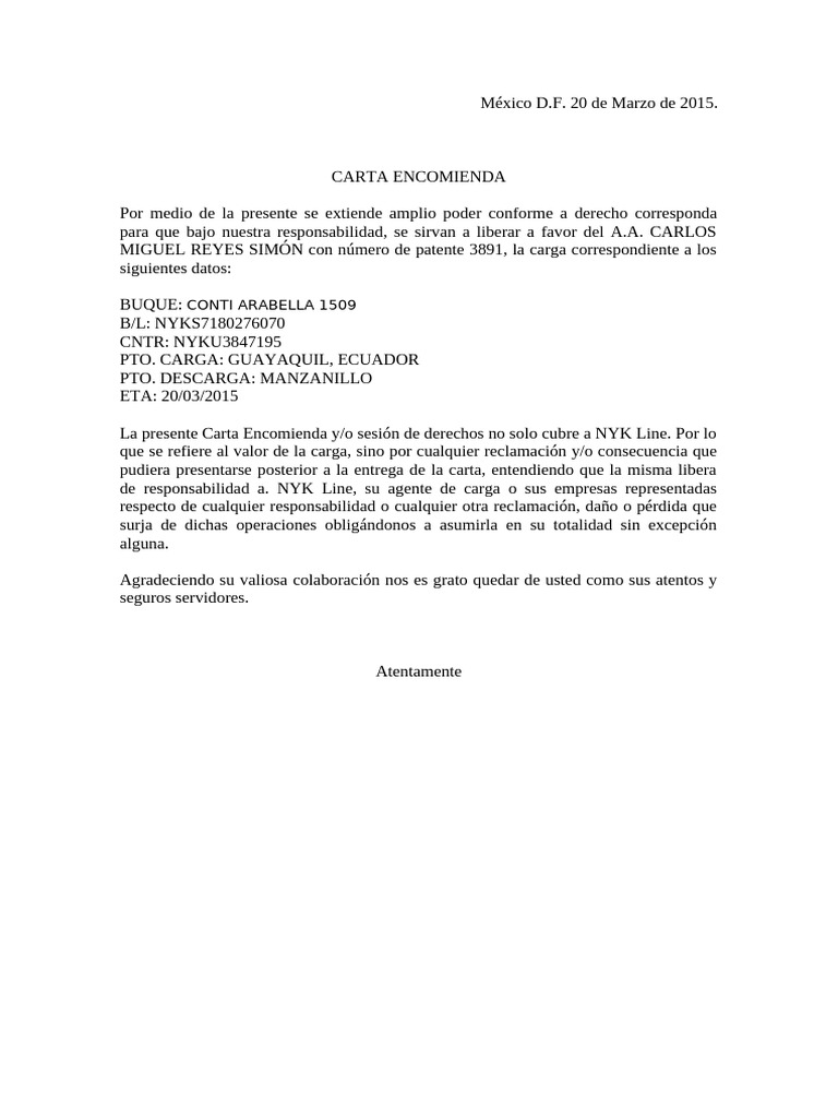 Carta Encomienda para Liberación de Carga | PDF