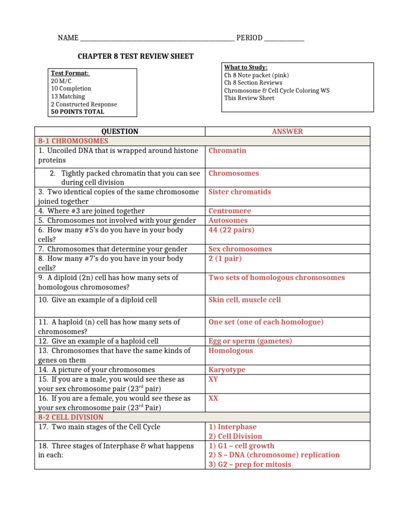 Chapter 8 Review Sheet Answers | PDF | Meiosis | Mitosis