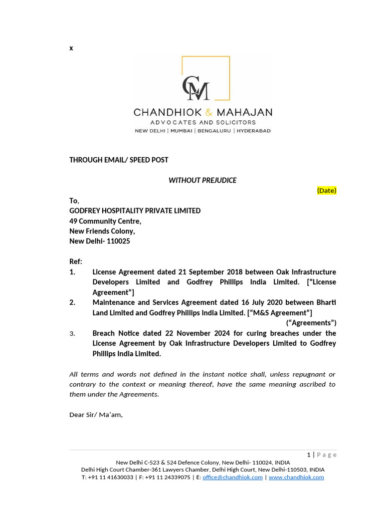 Termination Notice-Godfrey (Draft With Comments) | PDF | Breach Of ...