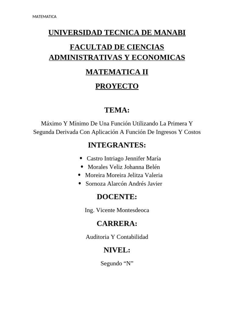 Proyecto de Matematica | PDF | Derivado | Función (Matemáticas)