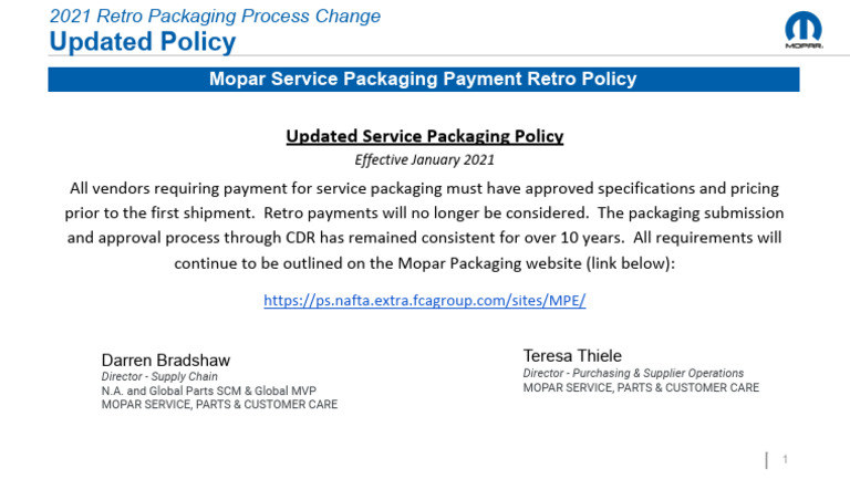 Mopar Service Packaging Policy Update | PDF