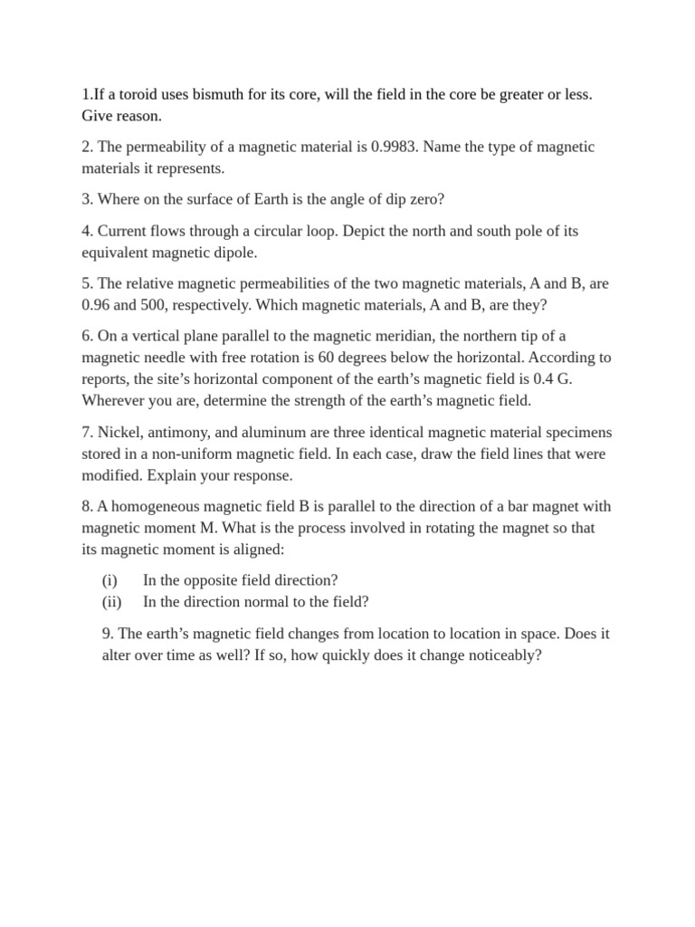Questions - Magnetism and Matter | PDF