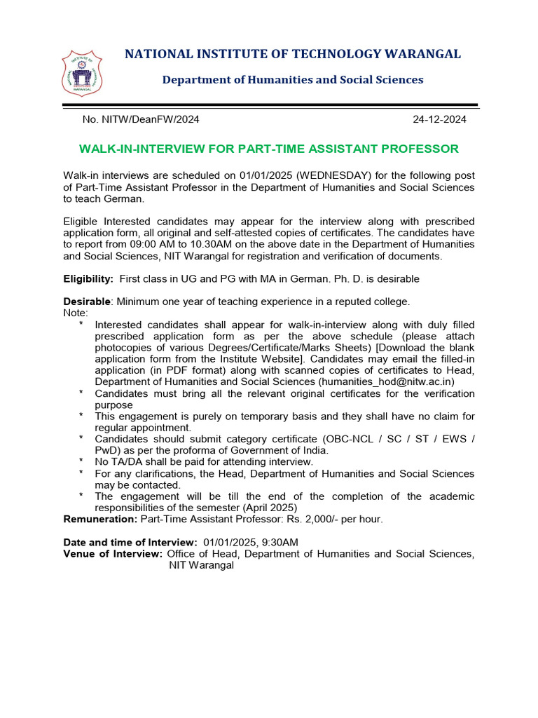 NIT Warangal Recruitment For Various Part Time Assistant Professor ...