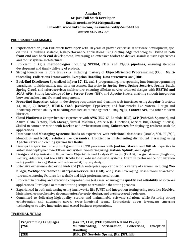 Anusha M Resume | PDF | Cloud Computing | Spring Framework