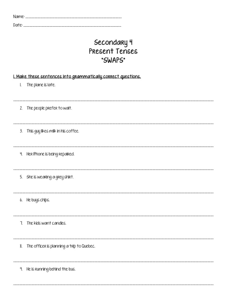 Grammar Exercises for Tenses: SWAPS | PDF