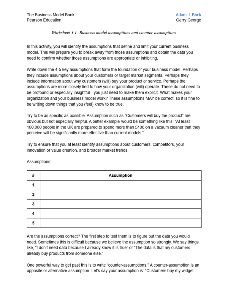 Worksheet 3.1- Business model assumptions | PDF | Business Model ...