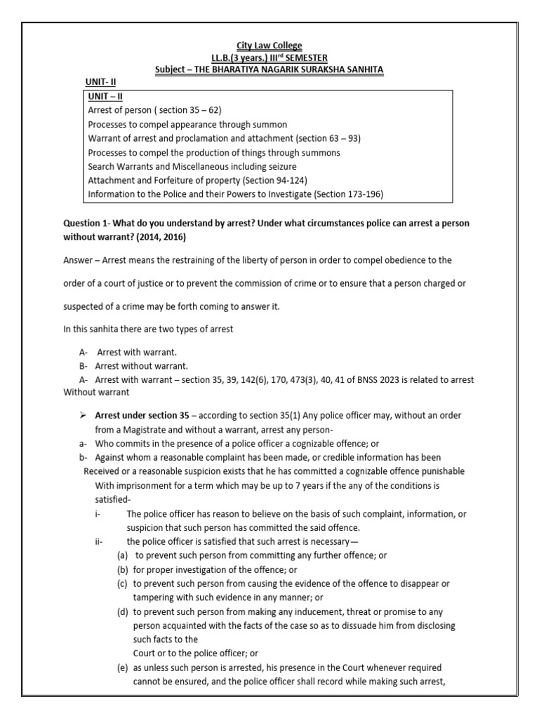 BNSS Unit 2 | PDF | Arrest | Arrest Warrant