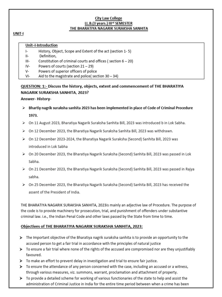 BNSS NOTES U 1 | PDF | Bail | Magistrate