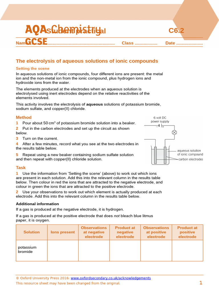 C6.2 The Electrolysis of Aqueous Solutions of Ionic Compounds KERBOODLE ...
