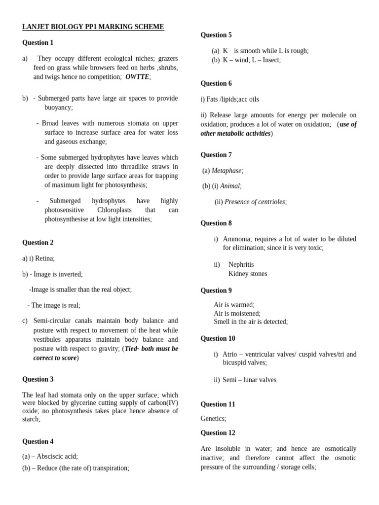Biology Paper 1 Marking Scheme | PDF | Photosynthesis | Stoma