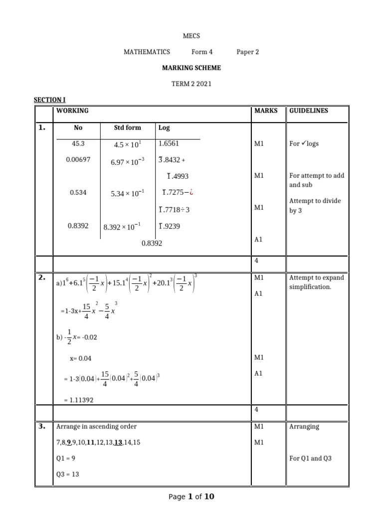 Mathematics Paper 2 Marking Scheme | PDF